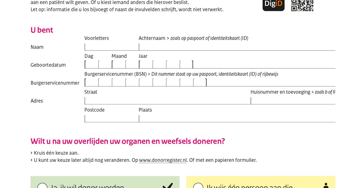 Nieuw papieren formulier voor het invullen van uw keuze | Donorregister